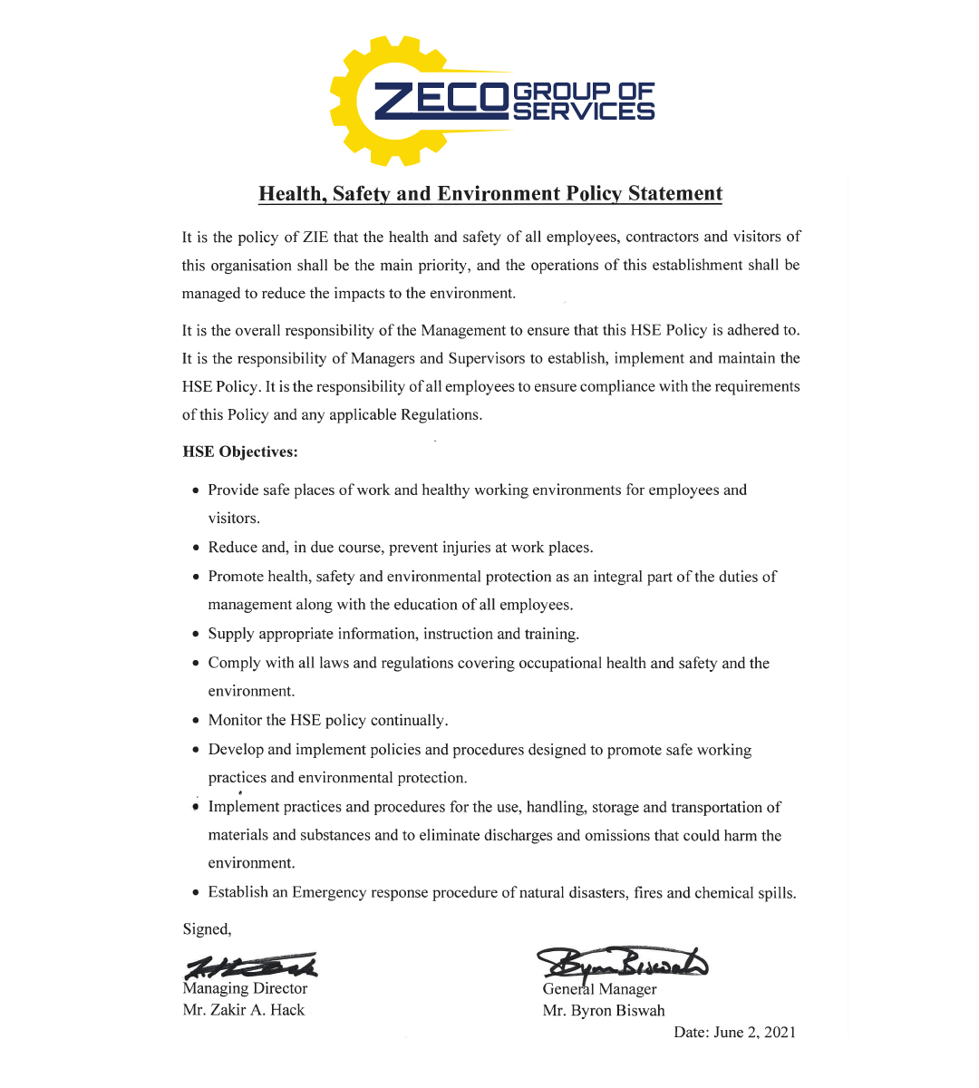 HSEQ - Zeco Group of Services Inc.